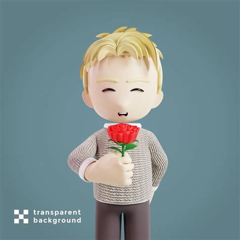 꽃을 들고 남자 3d 캐릭터 렌더링 그림 프리미엄 Psd 파일