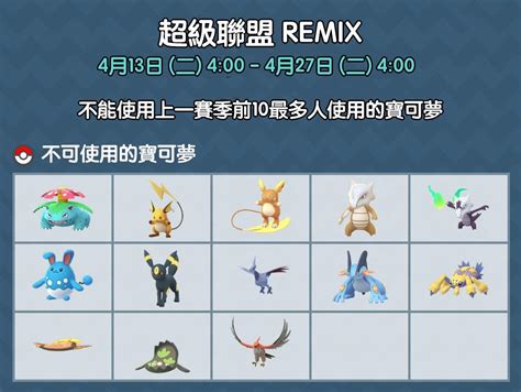 Go Taiwan 《go 對戰聯盟》超級聯盟remix 🥊 🚫禁止上一賽季前10名最多人使用的寶可夢