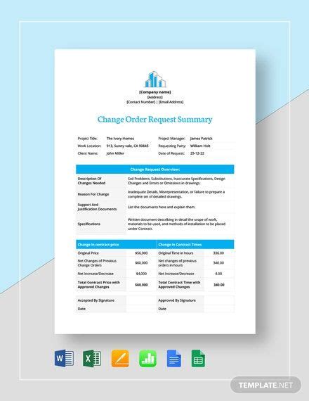 Sample Change Order Request Summary Template Google Docs Google Sheets Excel Word Apple Numbers