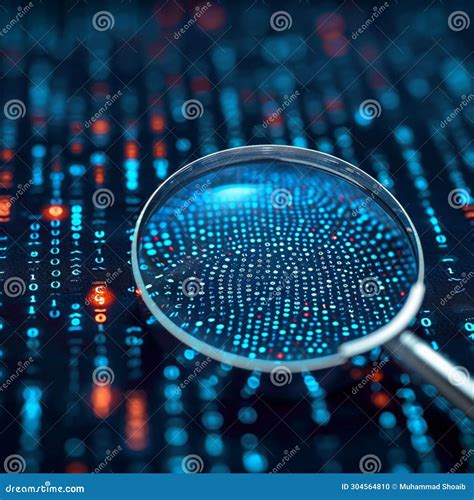 Authentication Synergy Magnifying Glass Inspects Biometrics With Binary Code Backdrop Stock