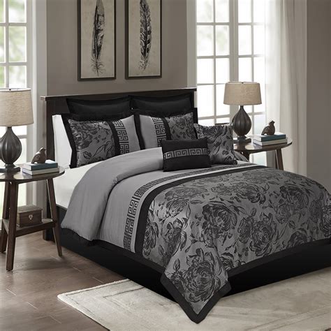 Evjk 8 Piece Jacquard Patchwork Floral Pattern Queen Bed In A Bag Gray