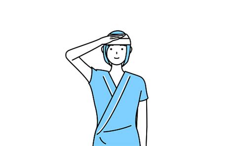 병원 가운을 입고 머리에 붕대를 감고 경례를 하는 여성 입원 환자 건강 진단에 대한 스톡 벡터 아트 및 기타 이미지 건강