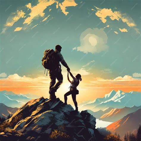 Padre E Hijo Caminando En La Cima De La Montaña Padre E Hijo Camiñando