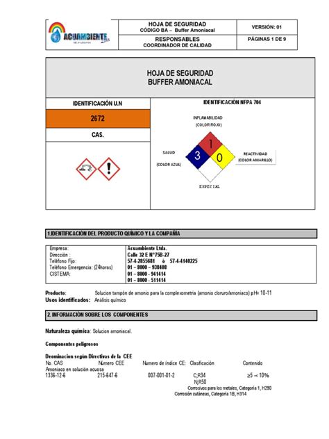 Hoja Seguridad Buffer Amoniacal Amoníaco Hidrógeno