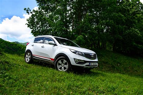 Suv 자동차 기아 스포티지 20 Crdi Awd 또는 4x4 Awd 더러운 도로에 깊은 숲 아름다운 자동차 풍경 나무와 녹색