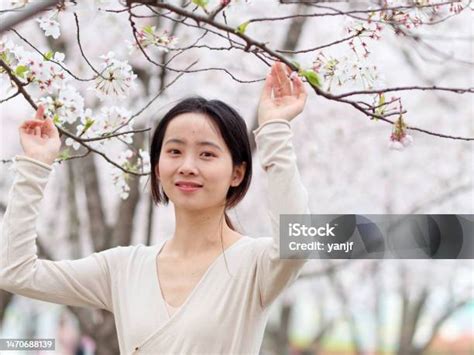 봄 정원 아름다움 여름 감정 생활 방식 표현 및 사람 개념에서 꽃이 만발한 흰색 벚꽃 배경으로 포즈를 취하는 아름다운 중국