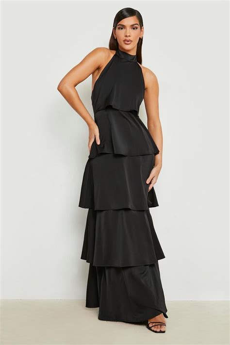 Womens Satin Halterneck Tiered Maxi Dress Boohoo Uk