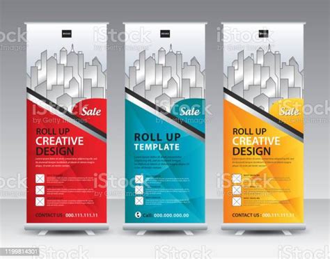 롤업 배너 스탠드 템플릿 크리에이티브 디자인 현대 전시 광고 전단지 프리젠 테이션 당기기 웹 배너 전단지 J 플래그 X스탠드 X 배너 포스터 디스플레이 벡터 Eps10