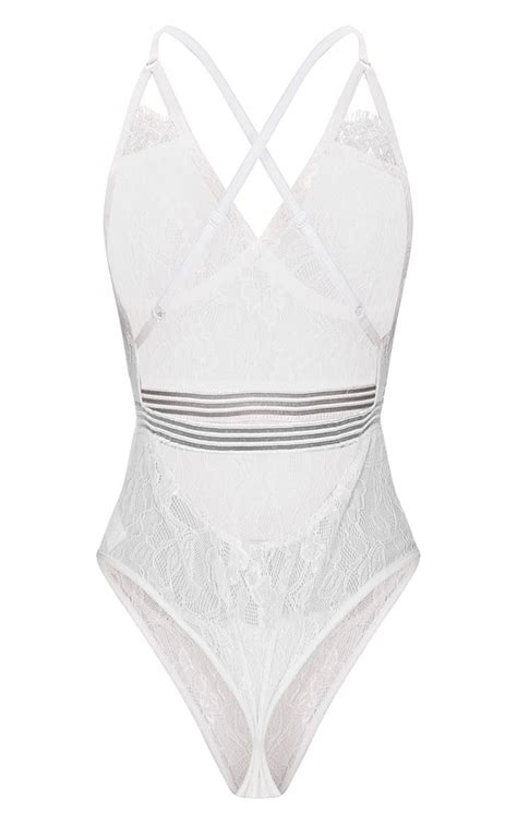 Emsie White Cut Out Detail Lace Thong Bodysuit Tops