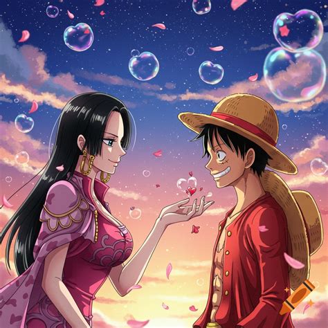 Anime Illustration Of Luffy And Hancock Gazing Lovingly At Each Other