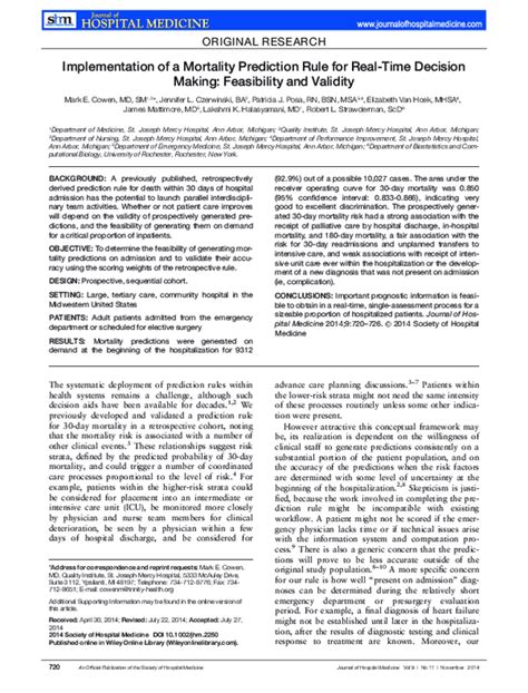Pdf Implementation Of A Mortality Prediction Rule For Real Time