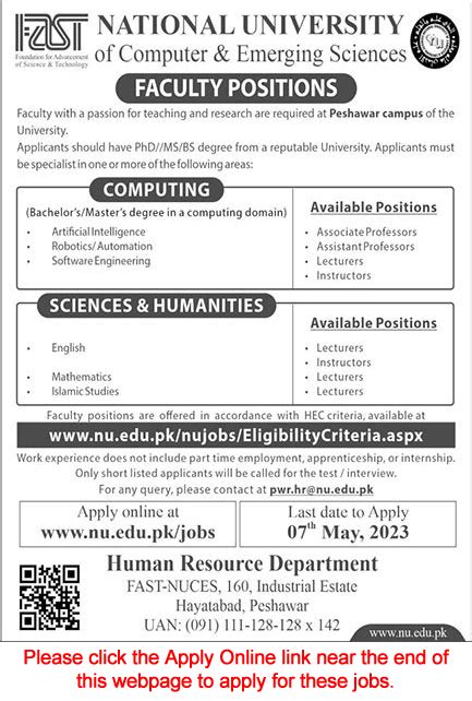 Fast National University Peshawar Campus Jobs 2023 April Apply Online