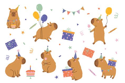 귀여운 카피 바라 풍선 케이크 선물 및 파티 장식으로 손으로 그린 스타일로 설정된 축제 벡터 생일 카드 초대장 어린이 디자인 및 휴일 일러스트레이션에 적합합니다 0명에 대한