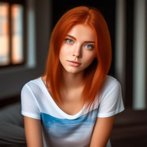 Girl In T Shirt And Shorts Cutie Redhead Seductive Big Eyes Blue