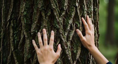 Hands Touching The Rough Bark Of A Large Tree In A Forest Stock