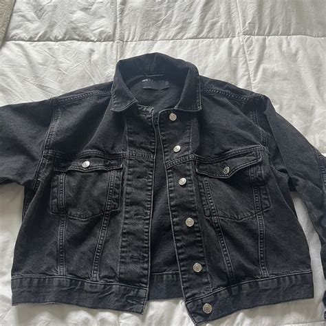 Black Denim Cropped Jacket Loose Fit Size Medium Depop