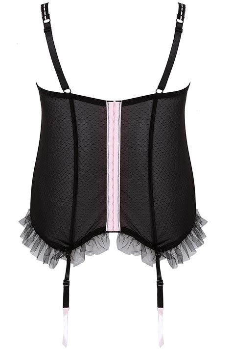 Guèpière En Satin Rose Et Noir Avec Maille Imprimée Volants