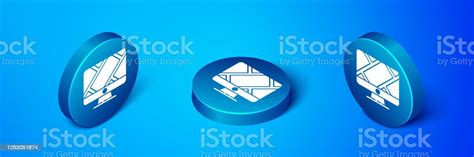 파란색 배경에 격리된 위치 마커 아이콘이 있는 등산화 컴퓨터 모니터 및 접힌 맵 파란색 원 버튼입니다 벡터 일러스트레이션 3차원 형태에 대한 스톡 벡터 아트 및 기타 이미지