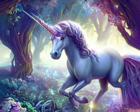 Un unicornio con melena morada y cola morada está parado en un bosque Foto Premium
