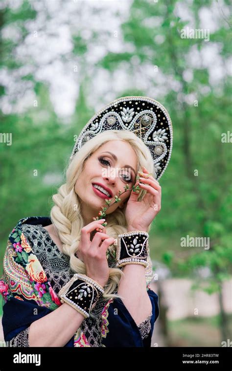 Stylish Russian Female In Traditional National Folk Dress Sundress And
