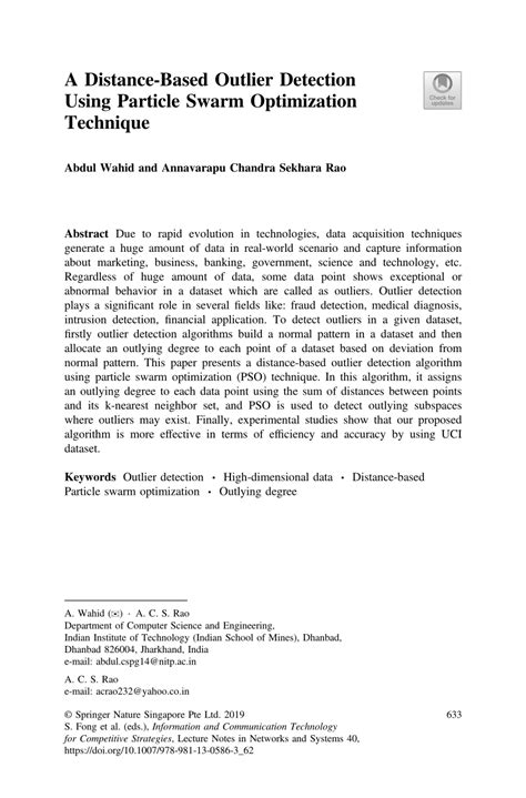 pdf a distance based outlier detection using particle swarm optimization technique