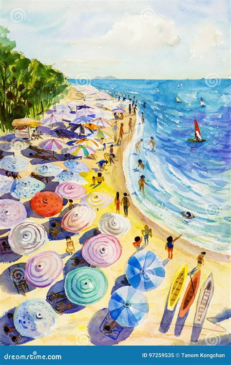 Vista Sul Mare Variopinta Degli Amanti Vacanza Dell Acquerello Della