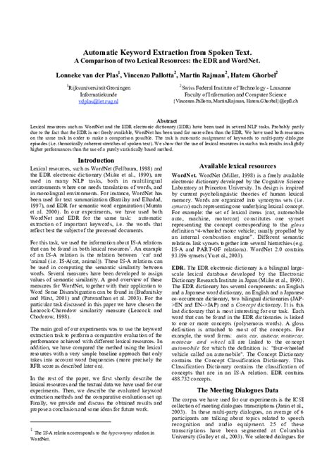 Pdf Automatic Keyword Extraction From Spoken Text A Comparison Of Two Lexical Resources The