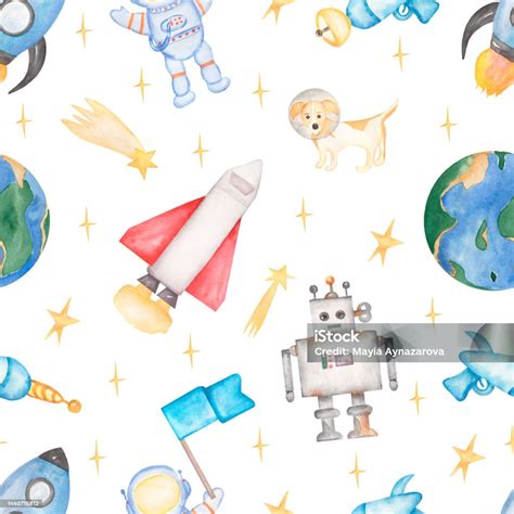 수채화 공간 원활한 종이 행성 별 달 우주 비행사 종이 외계인 우주선 로봇 직물에 대한 반복 패턴 소년 인쇄 디자인 코스모스 인쇄 스크랩북 과학에 대한 스톡 벡터 아트 및