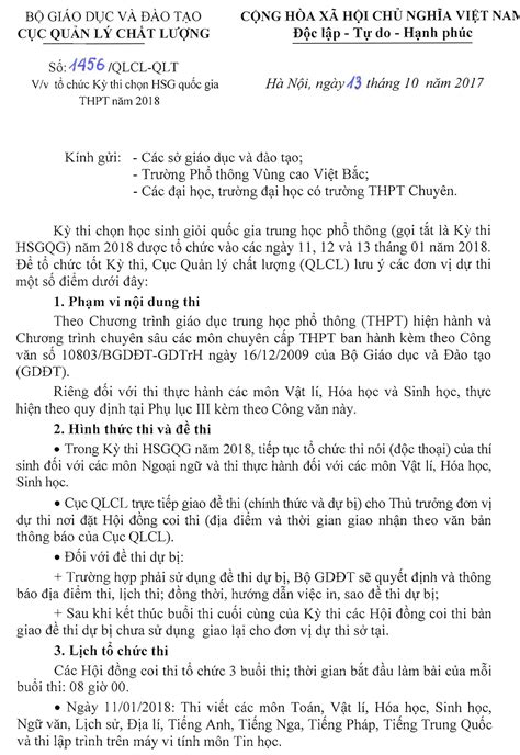 Công văn QLCL QLT Lịch thi học sinh giỏi quốc gia THPT năm