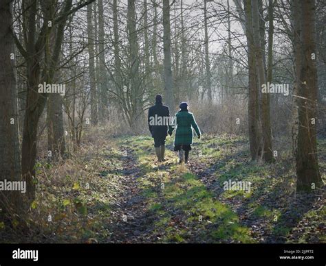 A Back View Of Couple Holding Hands And Walking Through Grassy Road