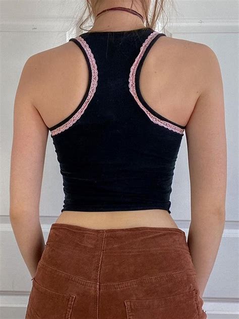 Emmiol Free Shipping 2025 Lace Trim Button Up Cropped Tank Top Black S