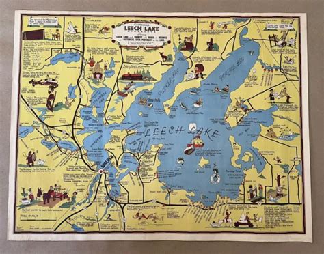 Vintage Cartoon Map Of Leech Lake Minnesota By Frank Antoncich 1940s