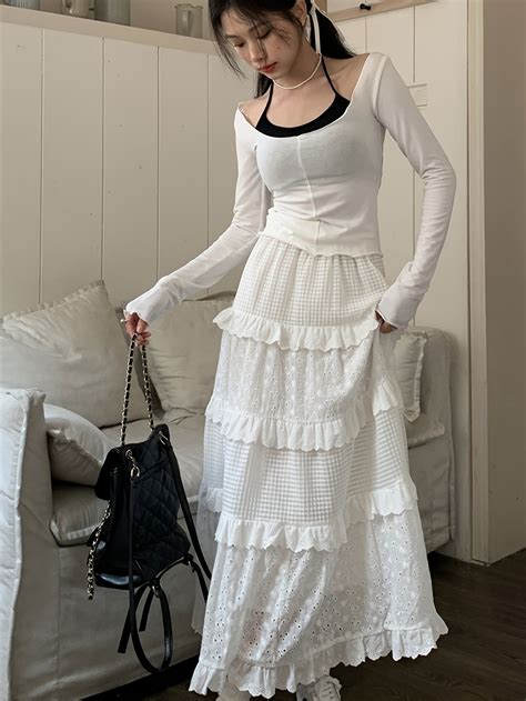 Vlovelaw Eyelet Embroidered Layer Ruffle Maxi Skirt Boho Elastic Wais