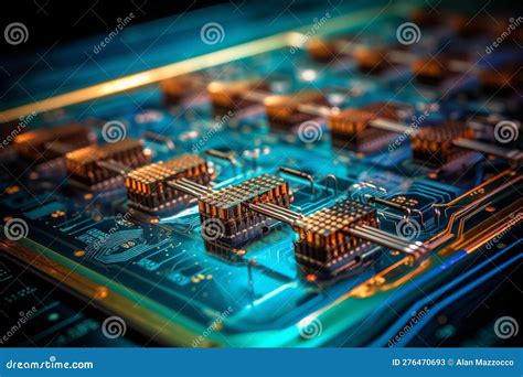 Electronic Circuit Board Close Up Microcircuit In Green Illuminated