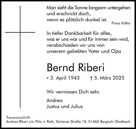 Traueranzeigen Von Bernd Riberi Wirtrauern