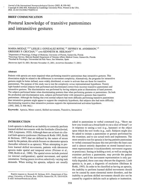 Pdf Postural Knowledge Of Transitive Pantomimes And Intransitive Gestures