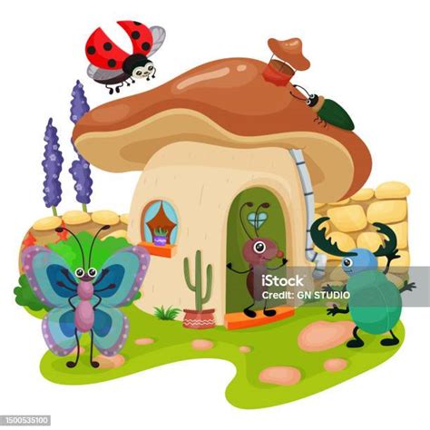 버섯 집에 있는 숲 친구들에 대한 판타지 동화 동화 속 무라비 나비 딱정벌레 캐릭터의 아이들 우정 아이들의 교육과 독서를 위한 마법의 그림 벡터 그림 동화에 대한 스톡 벡터