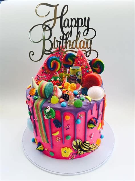 Candyland Birthday Cake Electric Pink With Purple Chocolate Drip Candy