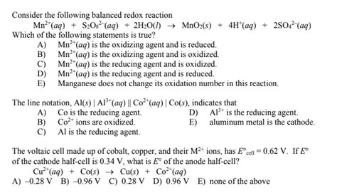 Solved Consider The Following Balanced Redox Reaction Mn Aq