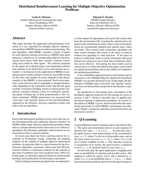 Pdf Distributed Reinforcement Learning For Multiple Objective Optimization Problems