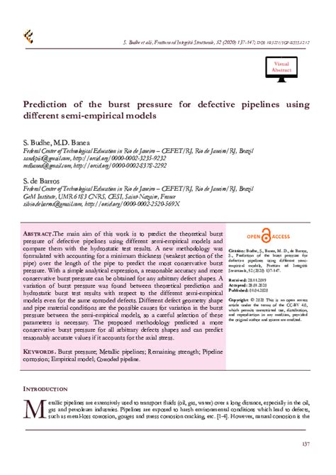 Pdf Prediction Of The Burst Pressure For Defective Pipelines Using Different Semi Empirical Models
