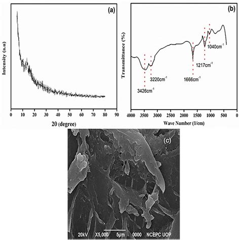 A X Ray Diffraction Pattern B Ftir Spectrum And C Sem Image Of