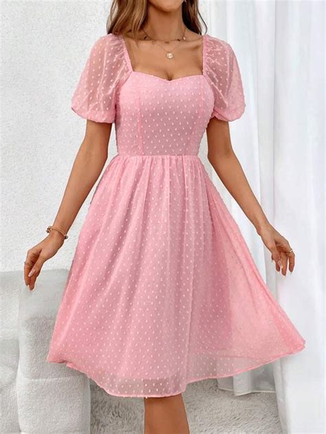 Shein Privé Swiss Dot Sweetheart Neck Puff Sleeve Dress Shein Usa