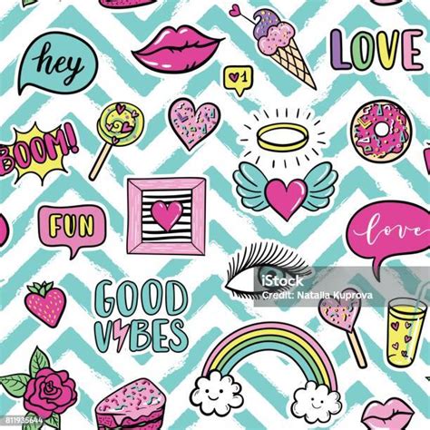 패션 재미 있는 벡터 원활한 패턴 패치 눈 입술 스타 딸기 줄무늬 배경 좋은 Vibes 연설 거품 팝 아트 스티커 패치 핀 배지 8090 년대 스타일 1980 1989 년에