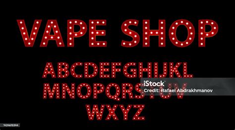 Vape 가게 빛나는 빛나는 전구가있는 빨간색 문자 벡터 웹 타이포그래피 단어 디자인 밝은 간판 간판 개체 그룹에 대한 스톡