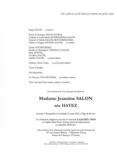Avis De Décès De Jeannine Salon Pompes Funèbres Top Beghin