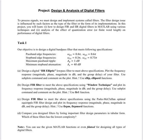 Solved Project Design Analysis Of Digital Filters To Chegg