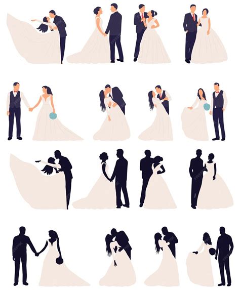 Conjunto De Casamento Da Silhueta Dos Noivos No Vetor De Fundo Branco