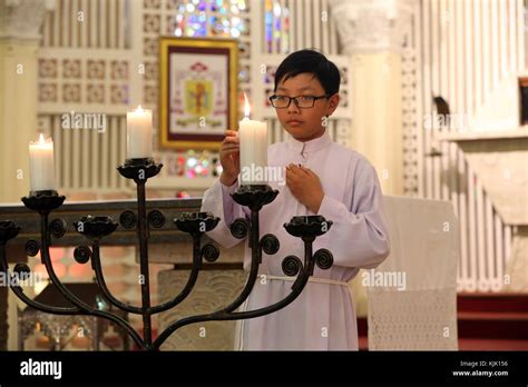 Dalat Cathedral Catholic Mass Altar Boy With Church Candles Dalat