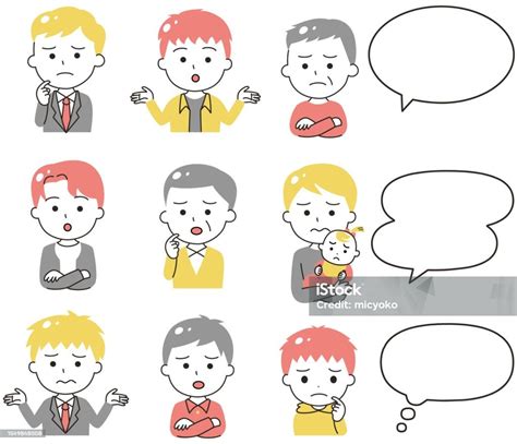 고민하는 얼굴의 남자들과 다양한 세대의 말풍선들의 일러스트 아이콘 세트 걱정하는에 대한 스톡 벡터 아트 및 기타 이미지
